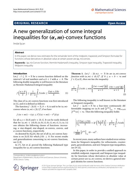 Pdf A New Generalization Of Some Integral Inequalities For α M Convex Functions