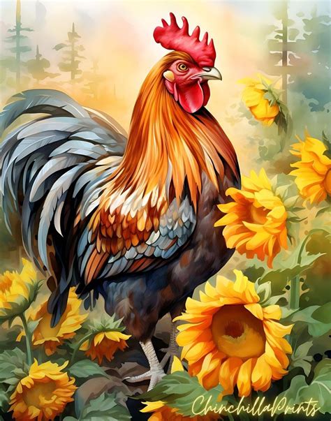 Colorful Rooster Watercolor Art Print Kitchen Wall Decor Digital