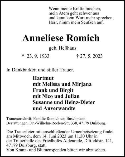 Traueranzeigen Von Anneliese Romich Trauer In Nrwde