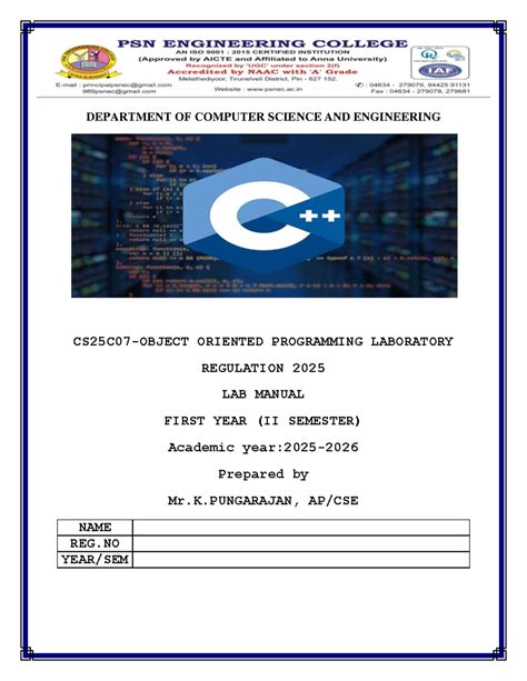 Cs25c07 Object Oriented Programming Lab Manual R 2025 Studocu