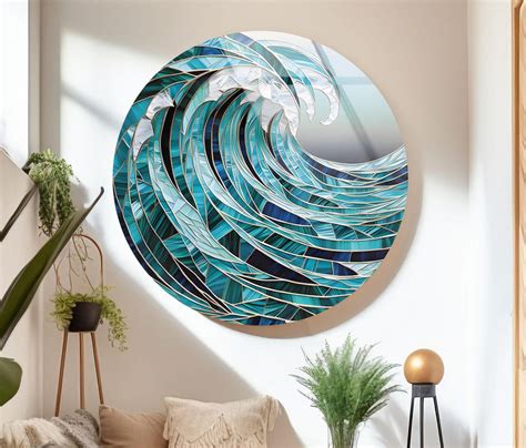 Wave Pattern Round Glass Wall Art Abstract Ocean Wave Design