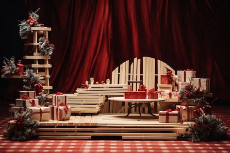 Premium Photo There Is A Wooden Bench With Presents On It In Front Of