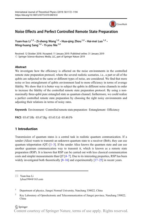 Noise Effects And Perfect Controlled Remote State Preparation Request Pdf
