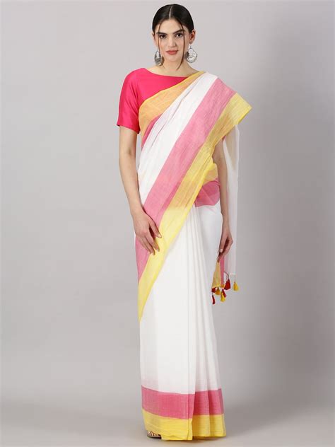 White Mul Mul Cotton Saree With Tassels Weaves Of Tradition