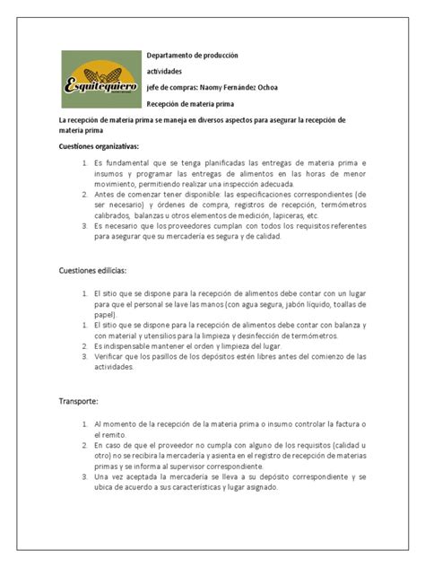 Recepcion De Materia Prima Pdf Alimentos Importar
