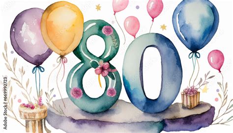 Watercolor 80th Birthday Clip Art With 80 Figures And Balloons Isolated