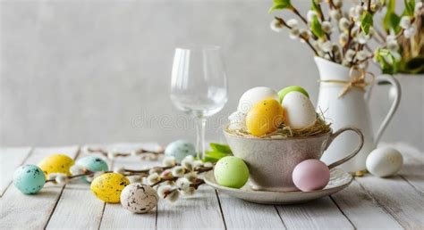 Colorful Easter Eggs In Nest With Willow Decor On Rustic Table Setting Stock Illustration