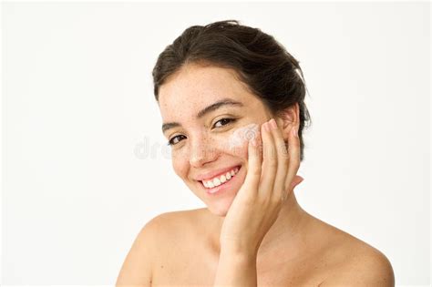 Happy Latin Girl Freckled Face Applying Facial Cream Isolated On White