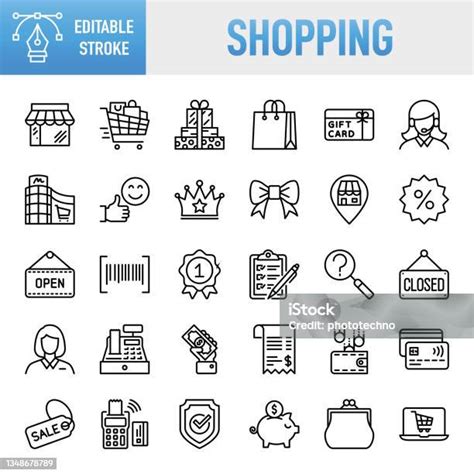 쇼핑 얇은 선 벡터 아이콘 세트 픽셀 완벽 편집 가능한 스트로크 모바일 및 웹용 이 세트에는 쇼핑 상점 쇼핑몰 쇼핑 카트 쇼핑백 판매 소매 구매 슈퍼마켓 시장 소매 공간