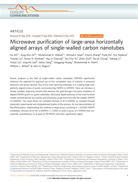 Pdf Microwave Purification Of Large Area Horizontally Aligned Arrays Of Single Walled Carbon
