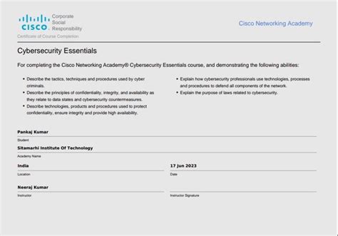I Am Glad To Complete My Course Of Cisco Cybersecurity Essentials Pankaj Kumar