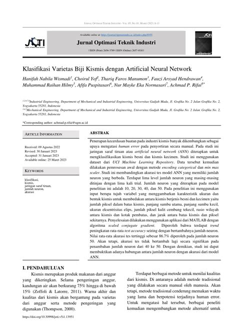 Pdf Klasifikasi Varietas Biji Kismis Dengan Artificial Neural Network