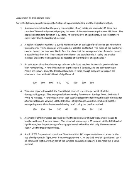 One Sample Tests Assignment Assignment On One Sample Tests Solve The