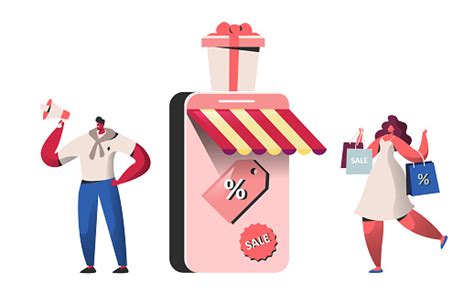 사람들이 문자 온라인 스토어와 스마트폰 화면에 구입 웹사이트 쇼핑 모바일 마케팅 개념 전자상거래 남자와 여 자가 만드는 구입 벡터 일러스트 레이 션 Brand Name