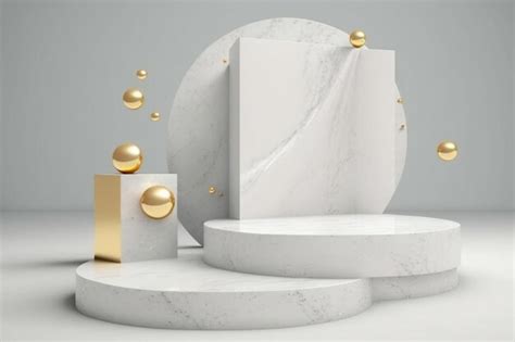 복사 공간이 있는 흰색 및 황금색 제품 프레젠테이션 모형 대리석 연단 무대 디스플레이 쇼룸 빈 장면 Generative Ai 프리미엄 사진