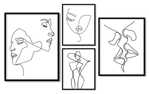 Set Of 4 Abstract Line Drawing Women Body Line Art Drawings Face