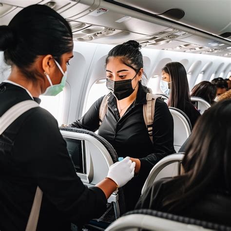 Female Flight Attendant Assisting Passengers On An Airplane Premium