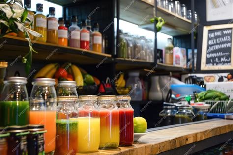 Display Of Bottled Fruit Juices On A Countertop In A Juice Bar Fresh