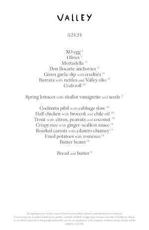 Dinner Menu — Valley Bar Bottle Shop