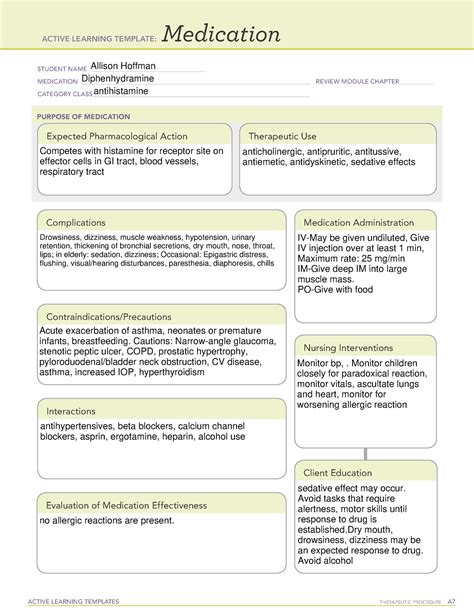 Diphenhydramine Medication Template