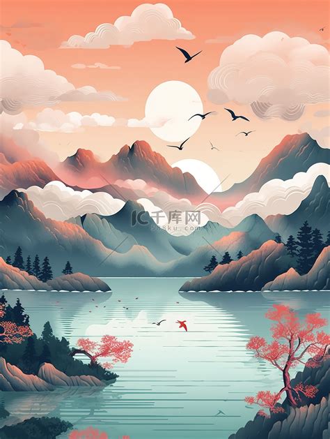 中国风格山水祥云太阳插图14插画图片 千库网