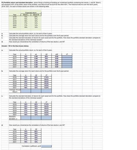 Solved P2 Portfolio Return And Standard Deviation Jamie