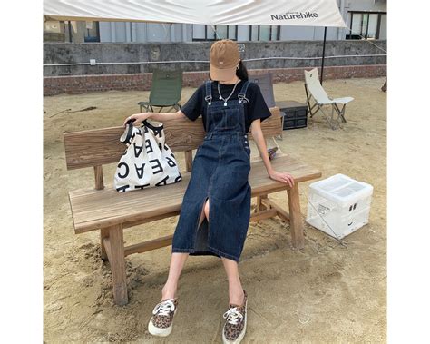 예거조아 슬림핏 시크 베이직 진청 데님 멜빵 빅사이즈 앞트임 원피스 서스펜더 슬릿 청치마 러블리 롱원피스 10대 20대 봄옷 코디