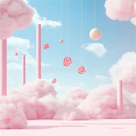 Pink Fluffy Clouds Form Sweet Landscape Candy Lollipops Hang From Sky Cylindrical Shapes Like