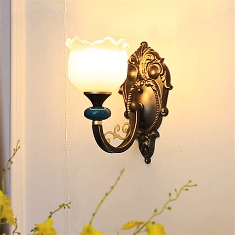 Floral Bedroom Wall Sconce Lamp Retro Frosted Glass 12 Light Bronze