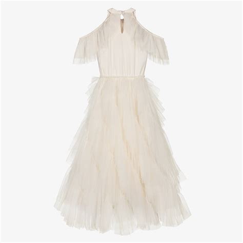 Tutu Du Monde Girls Ivory Beaded Tulle Dress With Waterfall Ruffles