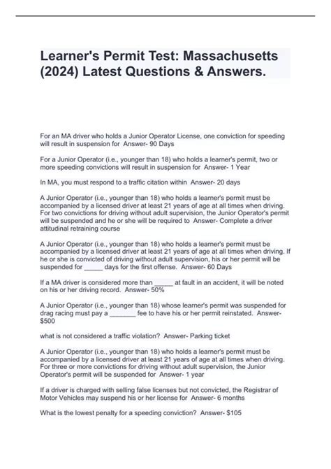 Learners Permit Test Massachusetts 2024 Latest Questions And Answers
