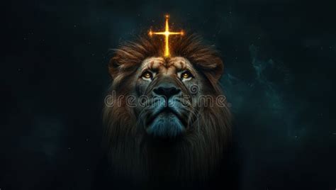 A Majestic Lion With The Glowing Cross Of Jesus Christ On Its Forehead