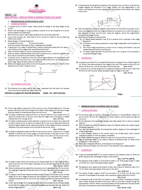 Worksheet 22 Reflection And Refraction Of Light Pdf Mirror Glass