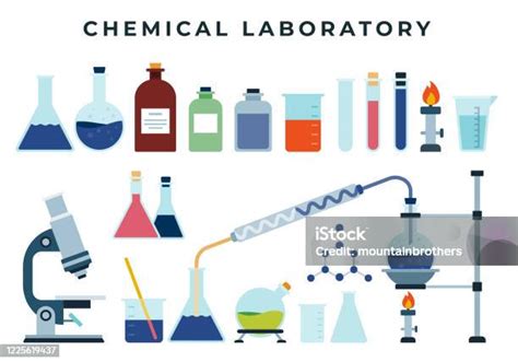 화학 훈련 또는 연구 실험실 장비 평면 아이콘 세트 플라스크 스피릿 램프 시험관 현미경 시약 비커 화학 물질 비커에 대한 스톡 벡터 아트 및 기타 이미지 Istock