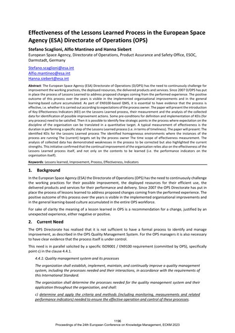 Pdf Effectiveness Of The Lessons Learned Process In Esa Ops Directorate