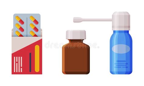 Pills And Capsule Medication In Blister Pack And Vial Vector Set Stock