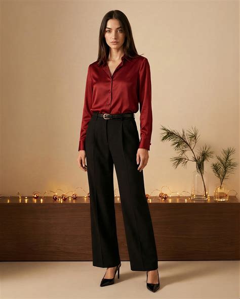 Red Satin Blouse With Black Tight Fitted Trousers
