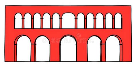 Drawing Of A Red Aqueduct Structure With Arches On White Background Stock Illustration