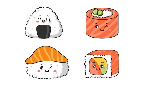 Varios Kawaii Sushi Rollos Niguiri Japonés Dibujos Animados Estilo