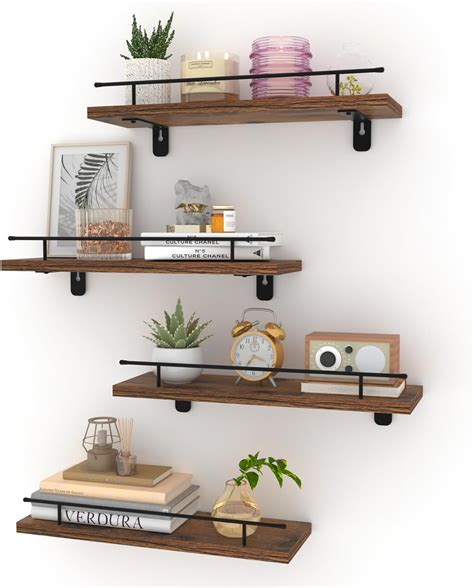 Horlimer Set Of 4 Floating Shelves For Wall Wooden Wall Shelf With Brown Shelves And Black