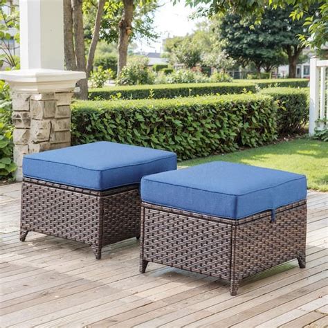 Moosprr Slimline Brown Wicker Outdoor Ottoman With Blue Cushions And Fastening Loop 2 Pack Ms