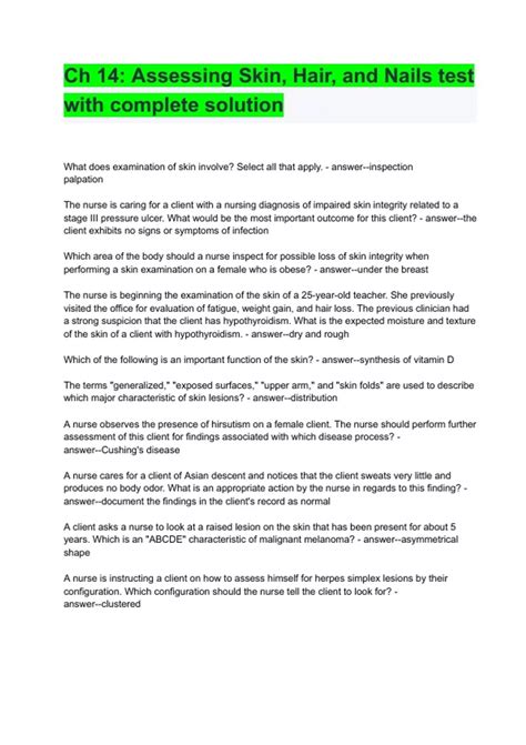 Ch 14 Assessing Skin Hair And Nails Test With Complete Solution Ch