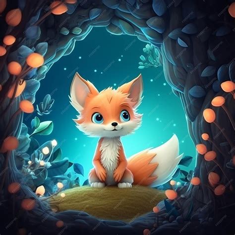 Premium Ai Image Cute Small Fox Sitting In Magic Forest In Night