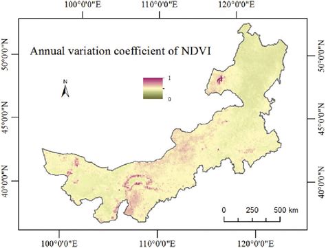 Spatial Pattern Of The Annual Coefficient Of Variation Cv Of Ndvi In Download Scientific
