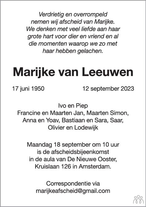 Marijke Van Leeuwen 12 09 2023 Overlijdensbericht En Condoleances