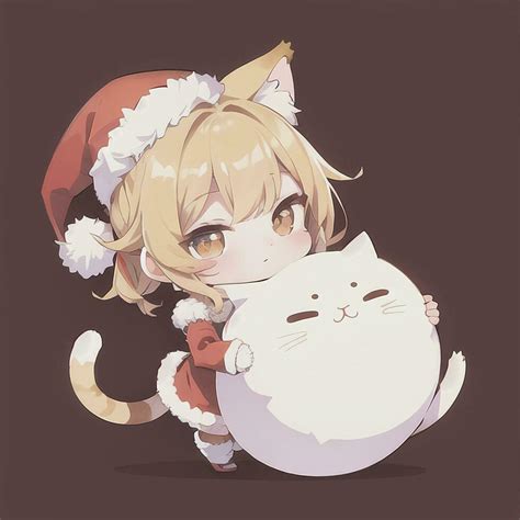 Cute Chibi Cat Girl Wearing Christmas Costume As Santa Claus Anime