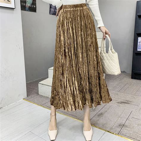 Shimmering Gold Pleated Maxi Skirt With Elastic Waistband On Luulla