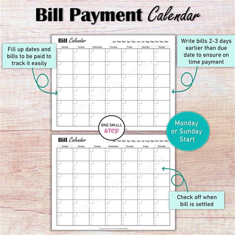 Monthly Bill Tracker Calendar Bill Payment Calendar Personal Finance