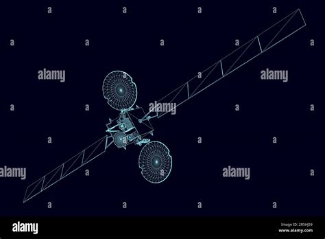 Space Satellite Wireframe From Blue Lines Isolated On Dark Background Perspective View 3d