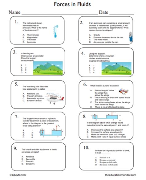 Forces In Fluids Science Worksheet For Grade 8 Edumonitor Science
